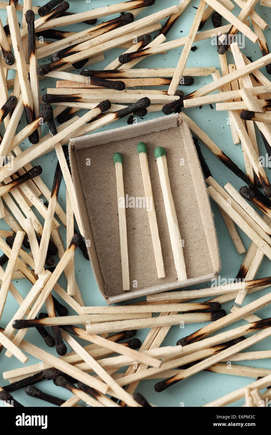Three green matches have escaped. Three green matches in a matchbox ...