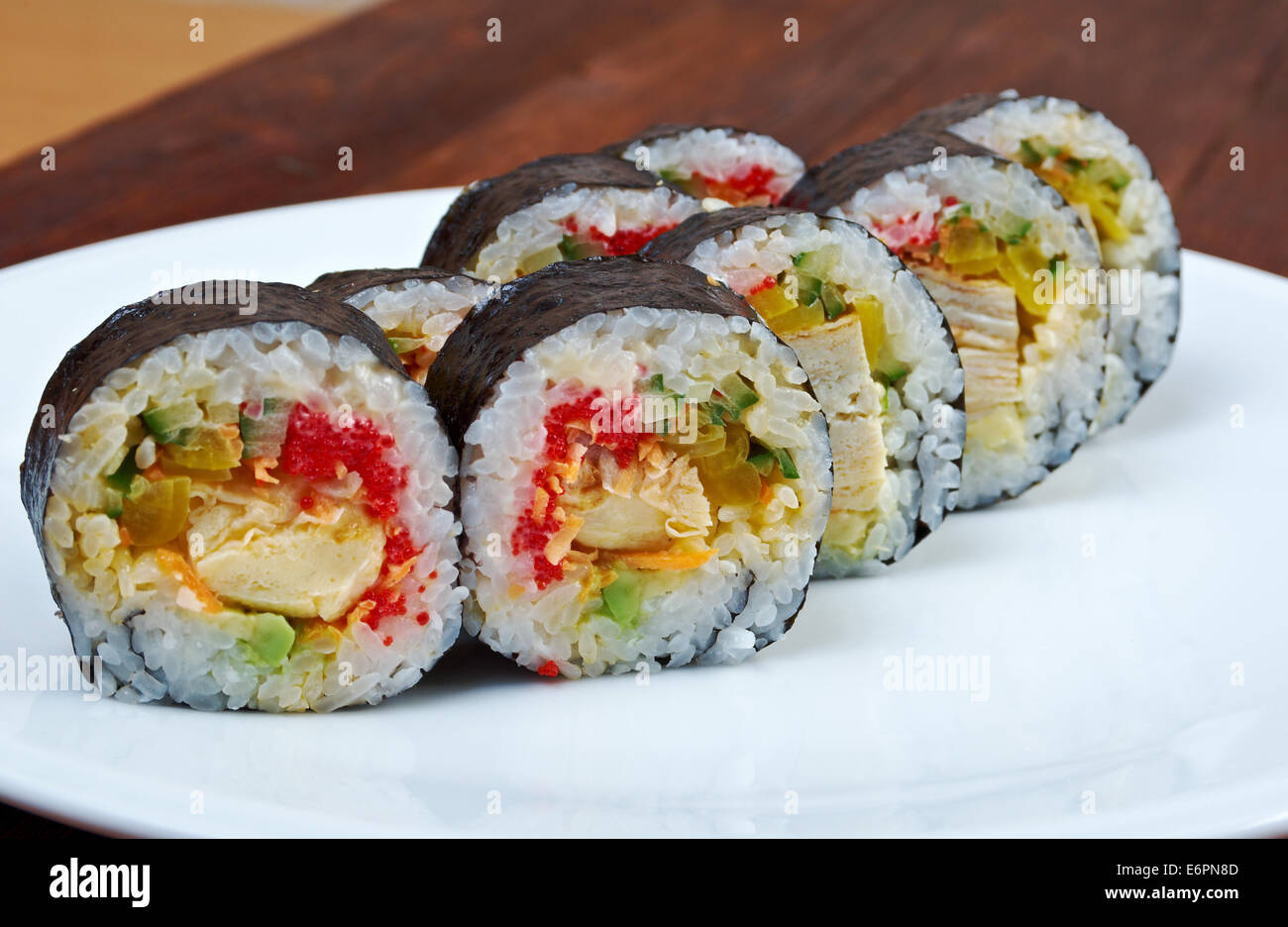Japanese sushi.Roll made with chicken, eggs and vegetables Stock Photo ...