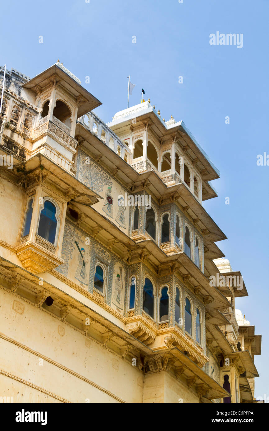 View up to the ornamental windows and carved marble balconies of City ...