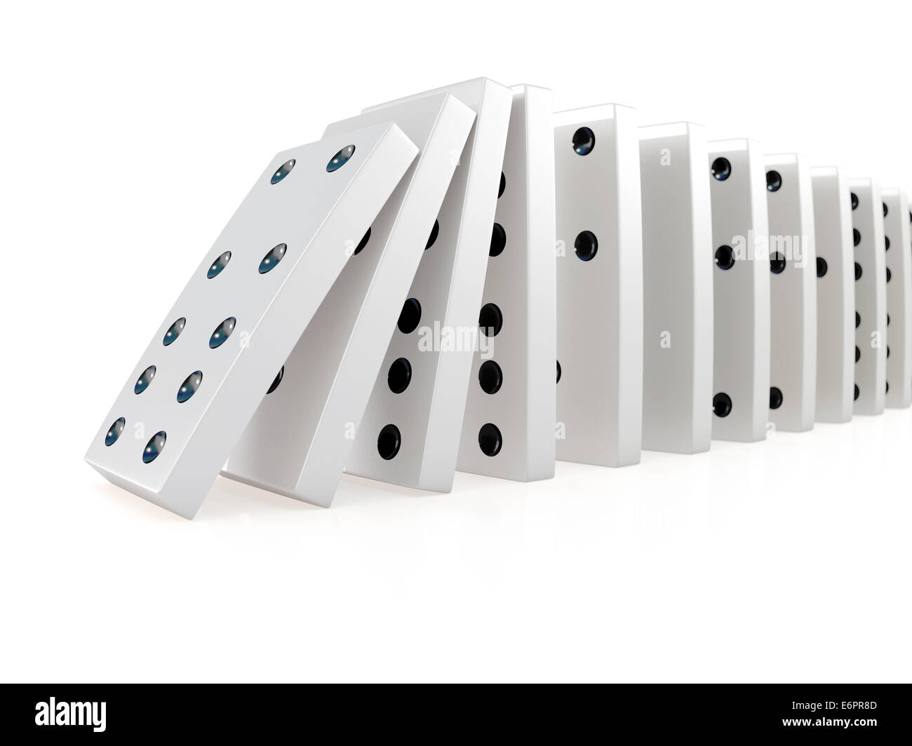 3d render of white dominoes falling over in a chain Stock Photo - Alamy