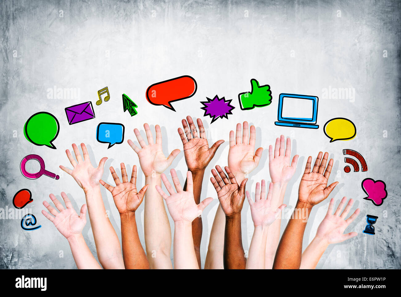 Group of Hands with Social Networking Symbols Stock Photo - Alamy