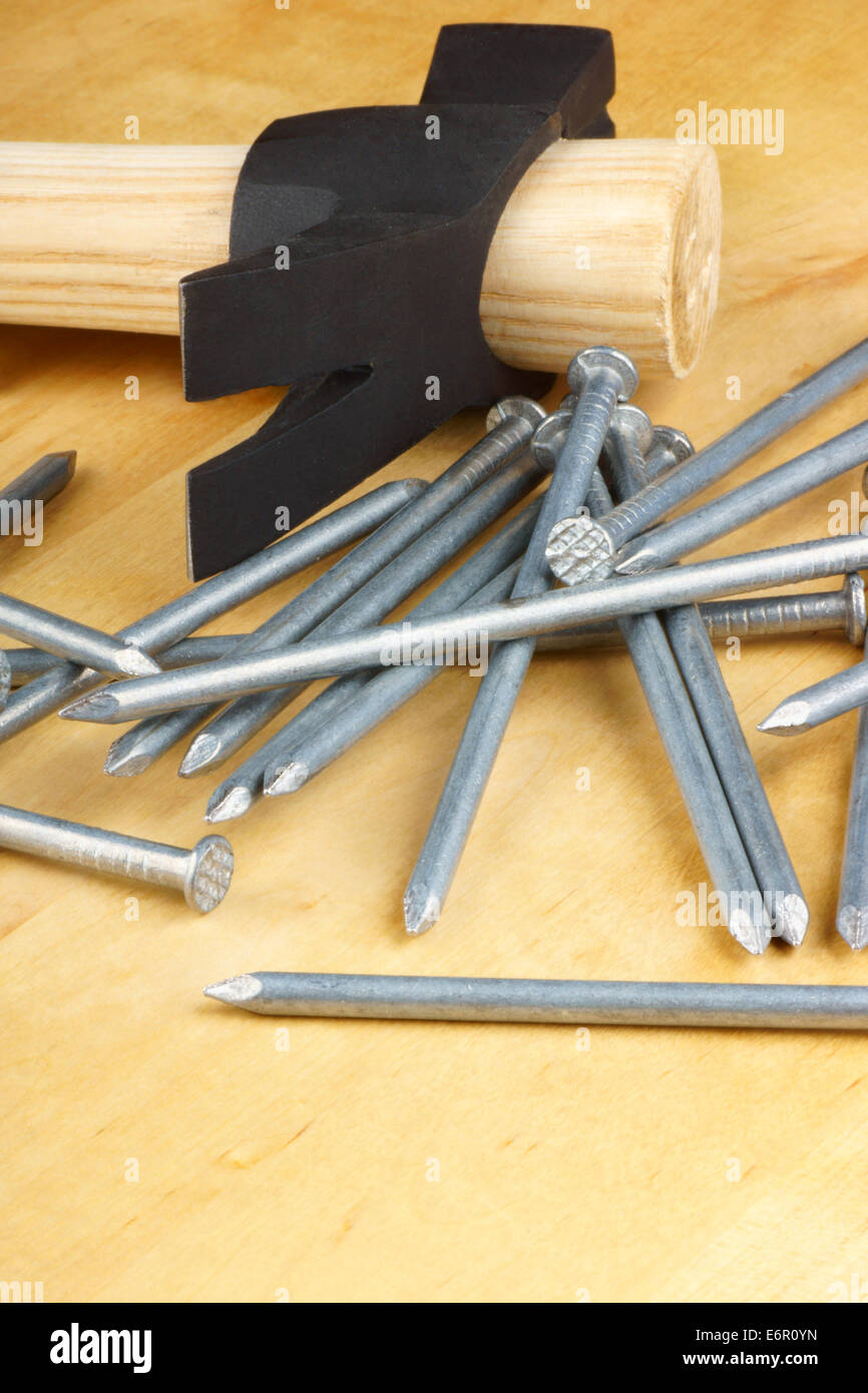 Close-up of carpenter hammer and rivets Stock Photo - Alamy