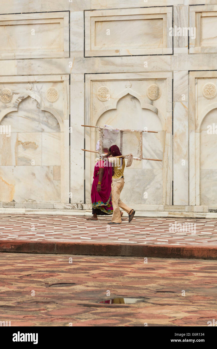 Workers at the Taj Mahal, UNESCO World Heritage site, Uttar Pradesh ...