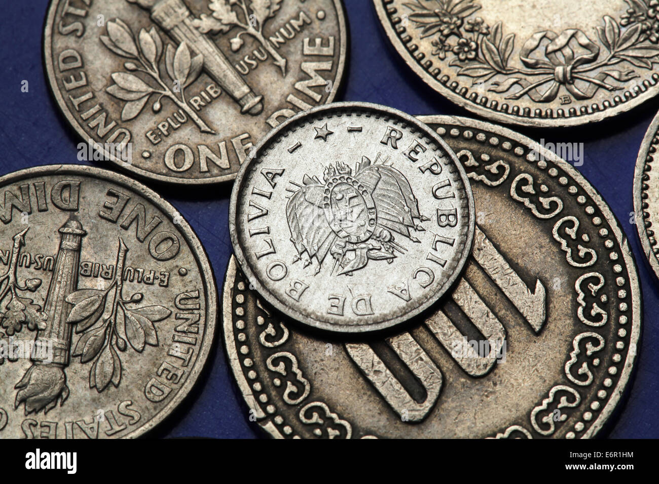 Coins of Bolivia. Bolivian national coat of arms depicted in the ...