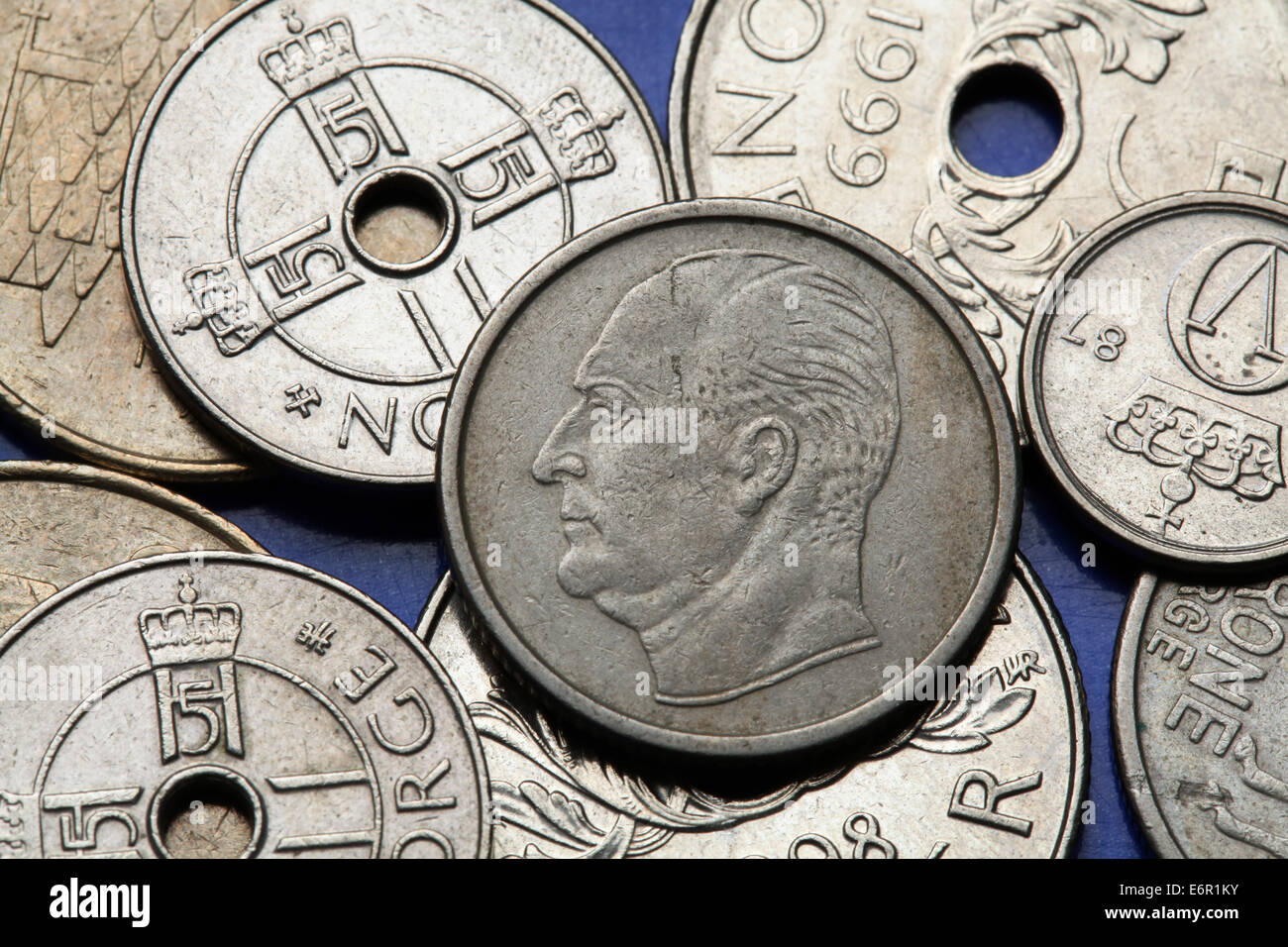 Coins of Norway. King King Olav V of Norway depicted in Norwegian krone ...