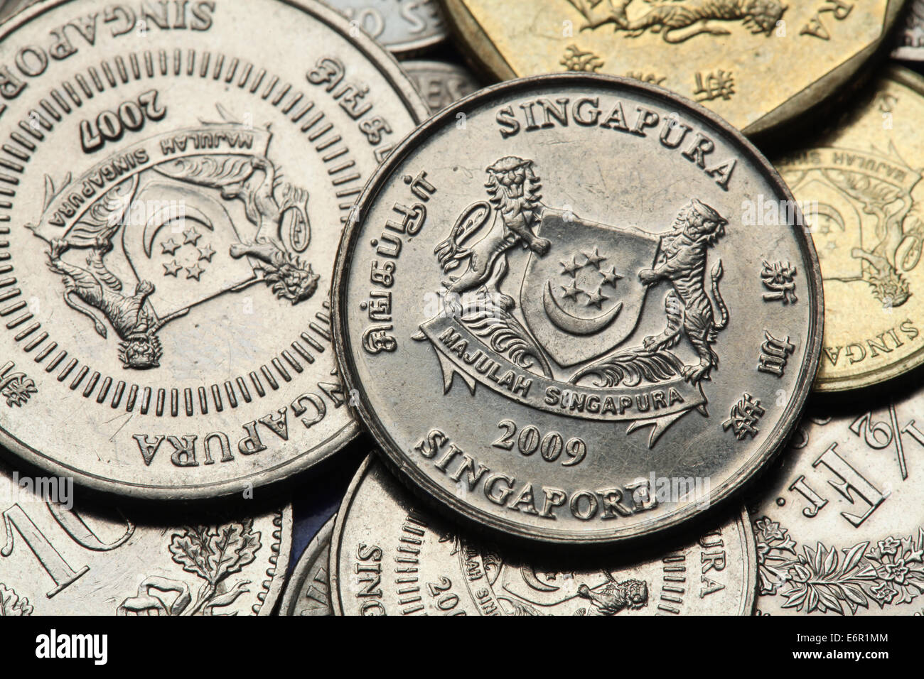Coins of Singapore. National coat of arms of Singapore depicted in ...