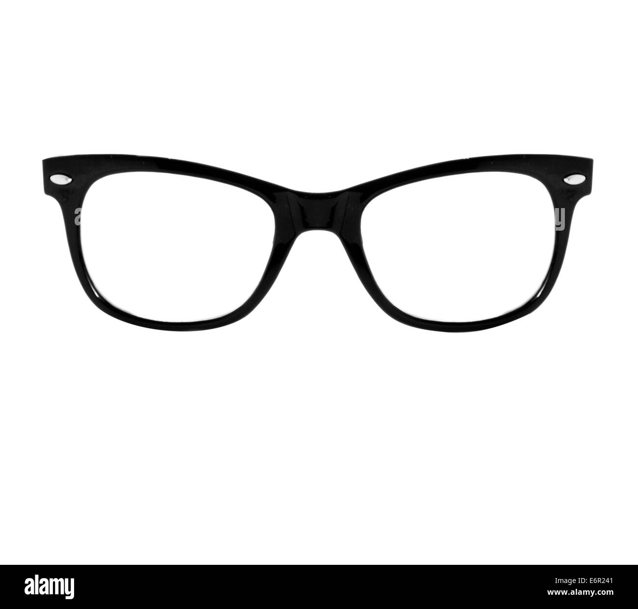 closeup of a black plastic rimmed eyeglasses on a white background ...