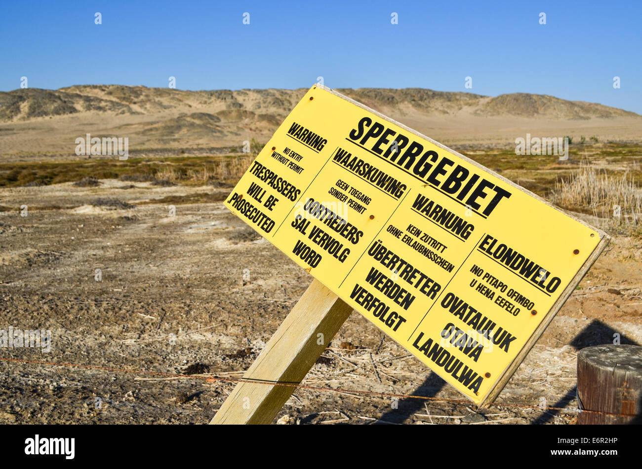 Sperrgebiet warning sign, Diamond mining area 01, Namibia Stock Photo ...