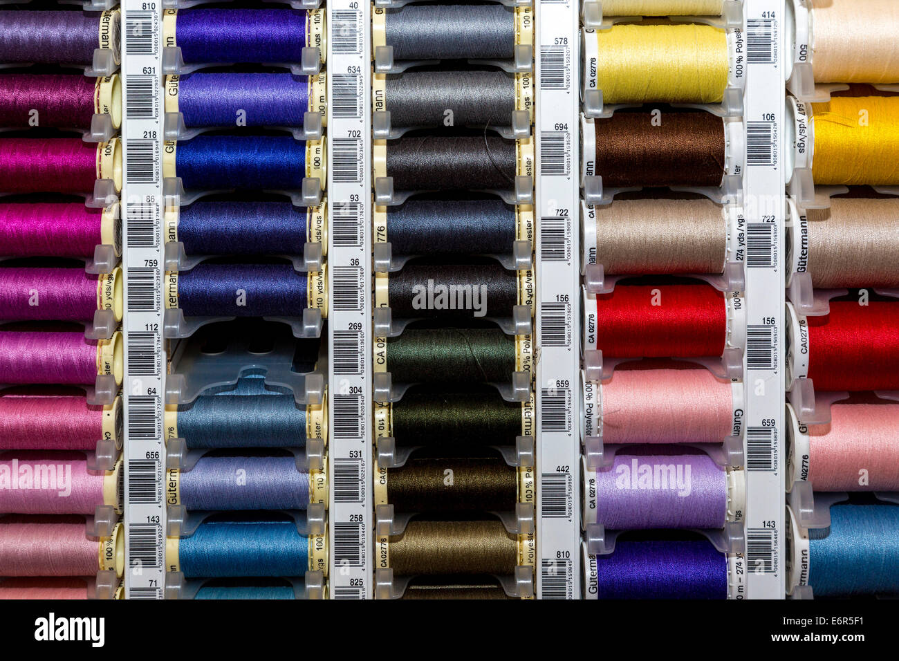 Cotton reels display in haberdashery. Racks of cotton reels. Norfolk ...