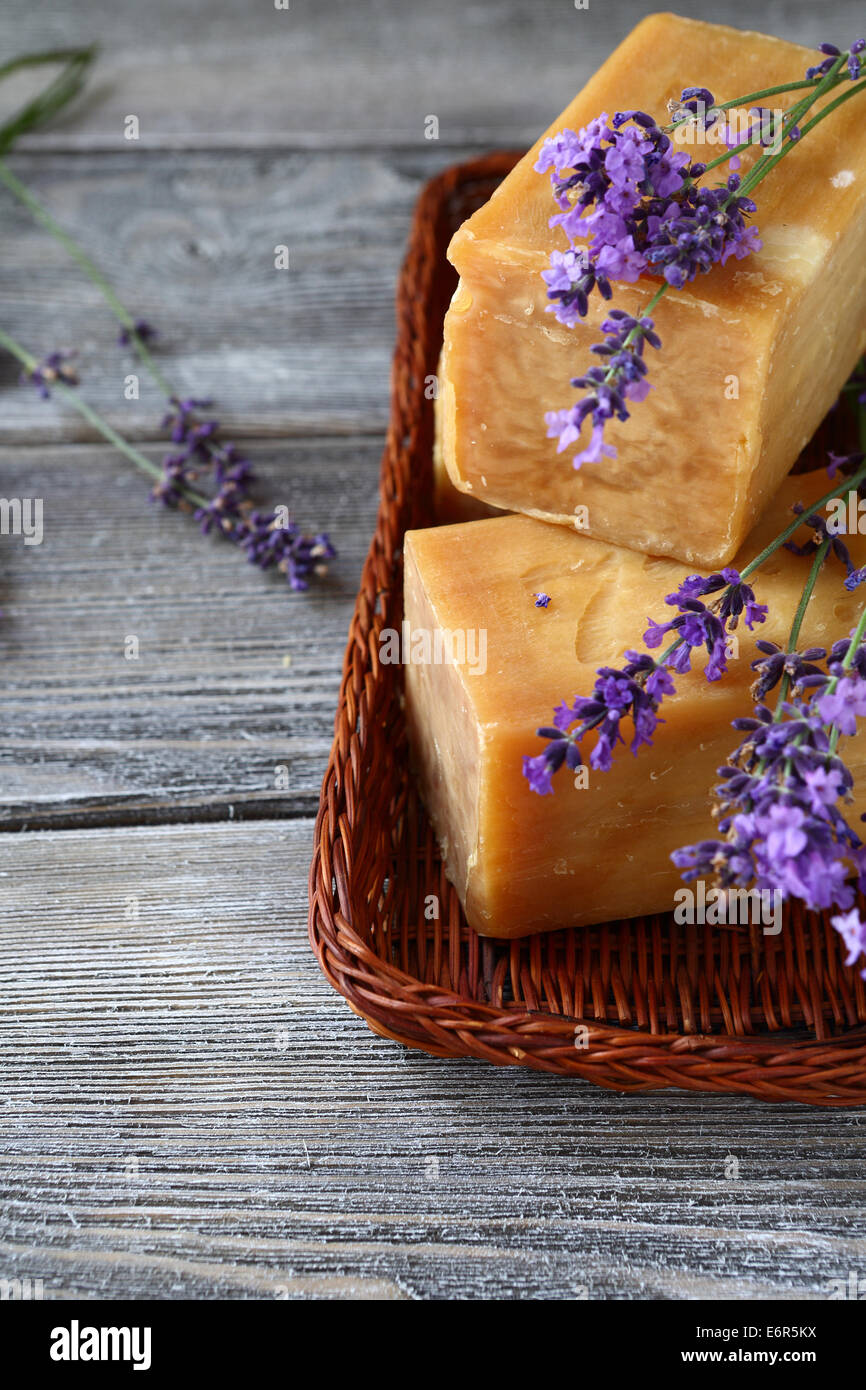 soap and lavender flowers closeup Stock Photo - Alamy
