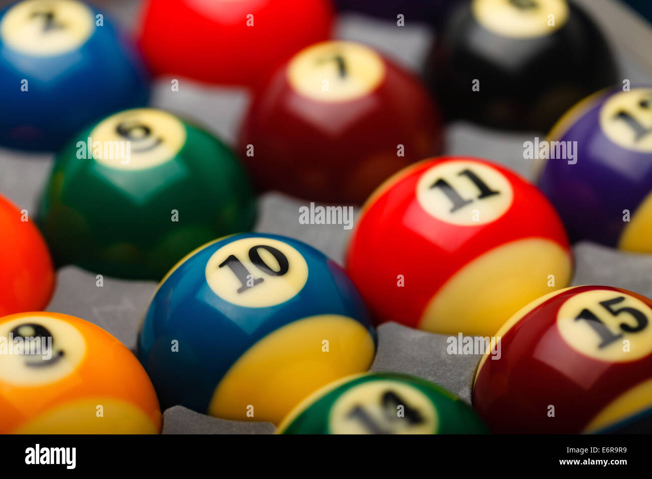 Billiard balls in box, selective focus over number 10 Stock Photo - Alamy