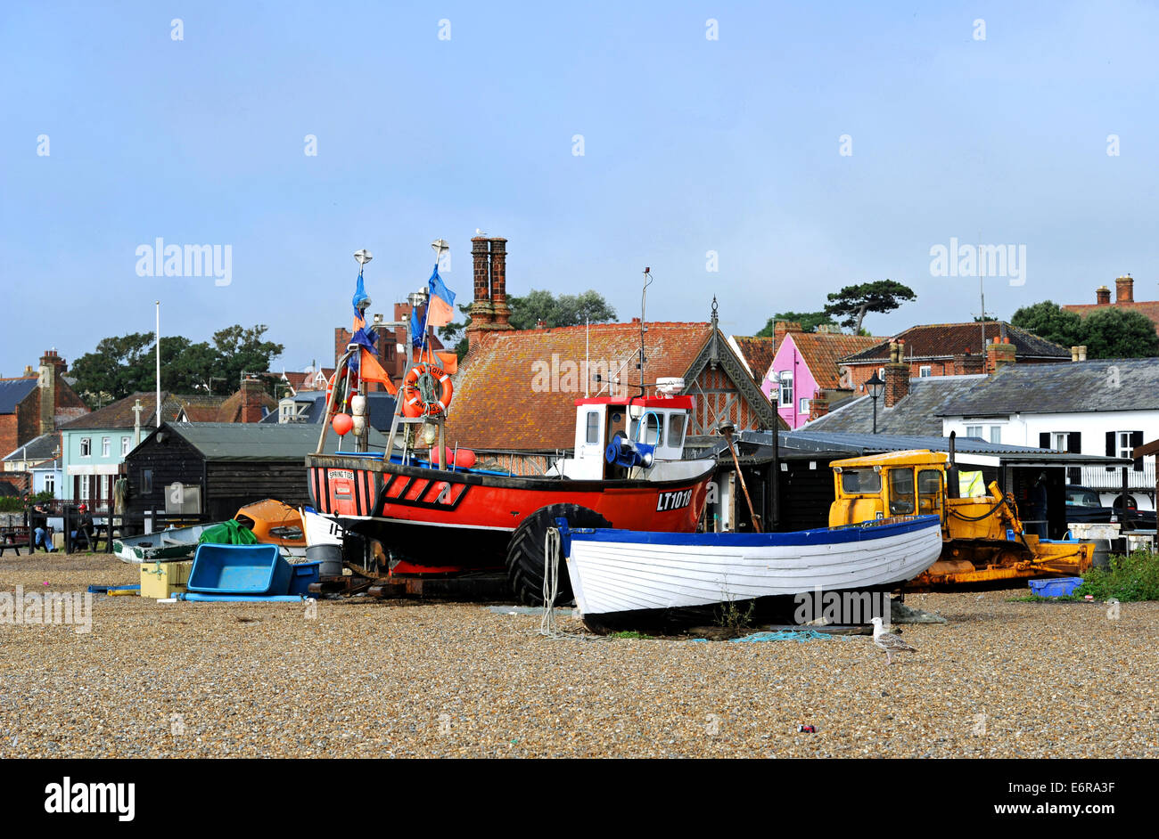 Aldeburgh Suffolk UK - The seafront beach and fishing boats and huts ...