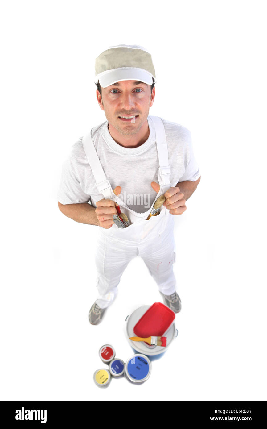 Decorator with pots of paint Stock Photo - Alamy