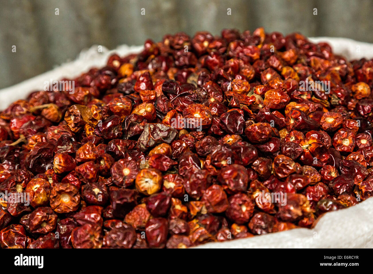 Dried red hot cascabel chili pepper at Benito Juarez market in Oaxaca ...