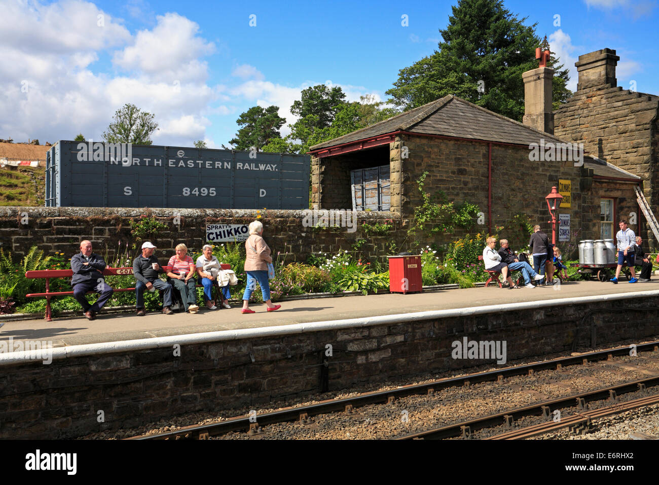 Tourists on Goathland Railway Station platform, North Yorkshire, North ...