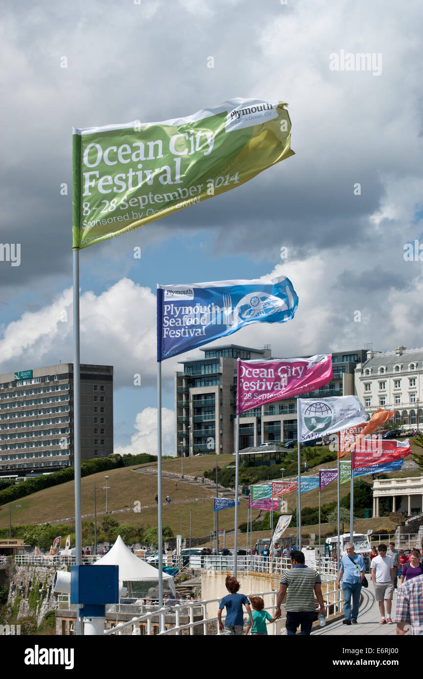 Flags flying on Plymouth Hoe promenade in Devon Stock Photo - Alamy