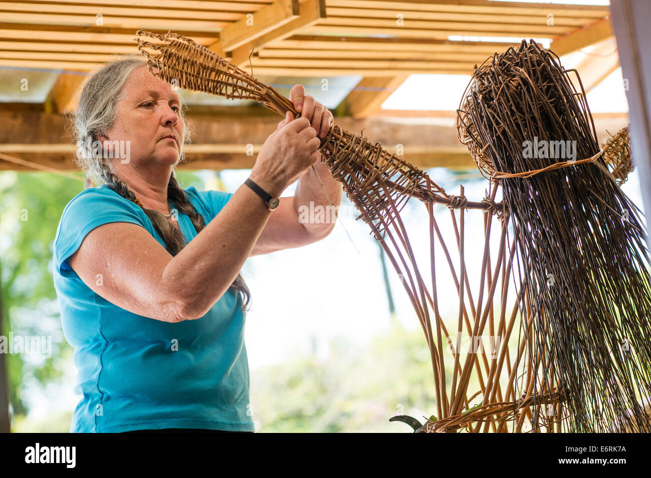 BERYL SMITH, weaver and basket maker, making a wicker figure in her ...