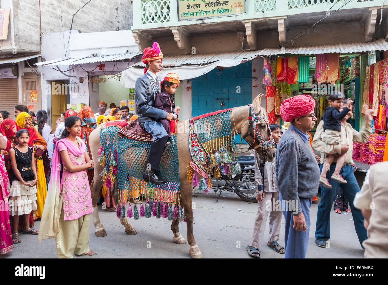 Traditional wedding procession in Deogarh, Rajasthan: the groom and his ...