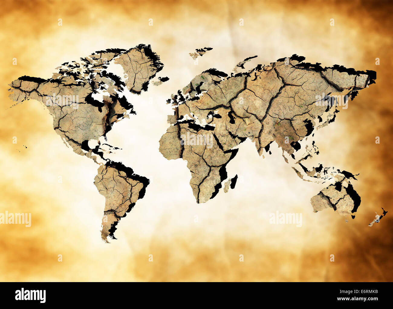 Map of the world with continents from dry deserted soil over old paper ...
