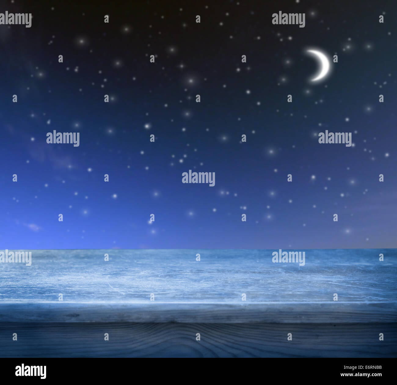 Empty wooden table at night sky with moon and stars. Great for product ...