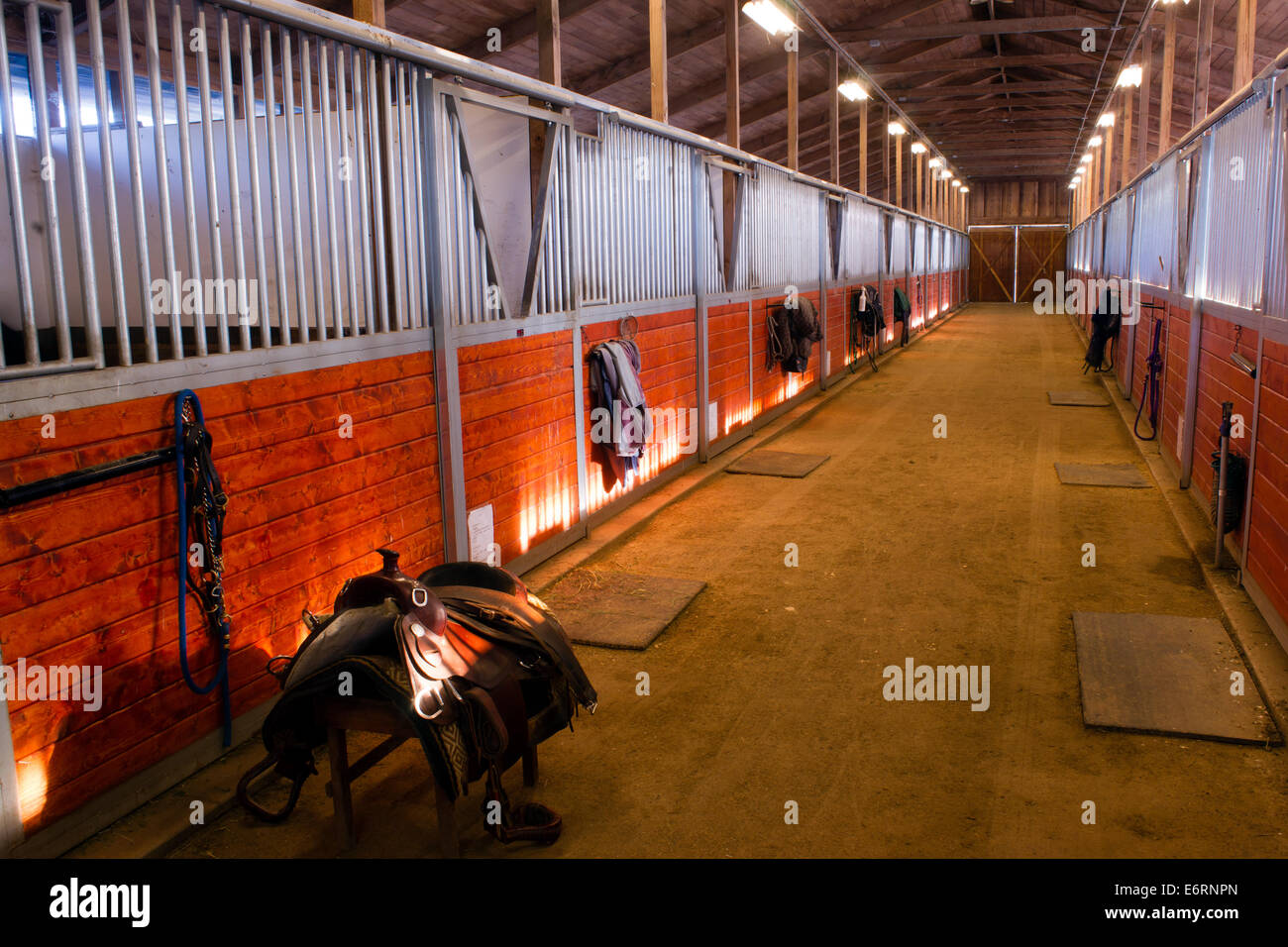 A saddle waits to be mounted on horses back at stables Stock Photo - Alamy
