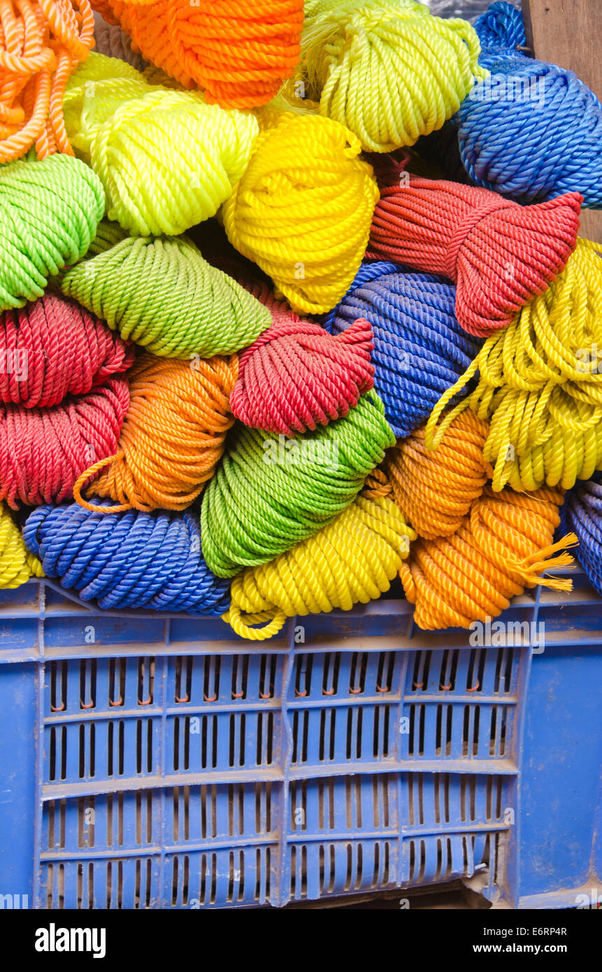 colorful nylon string rope in plastic basket - asia street market Stock ...