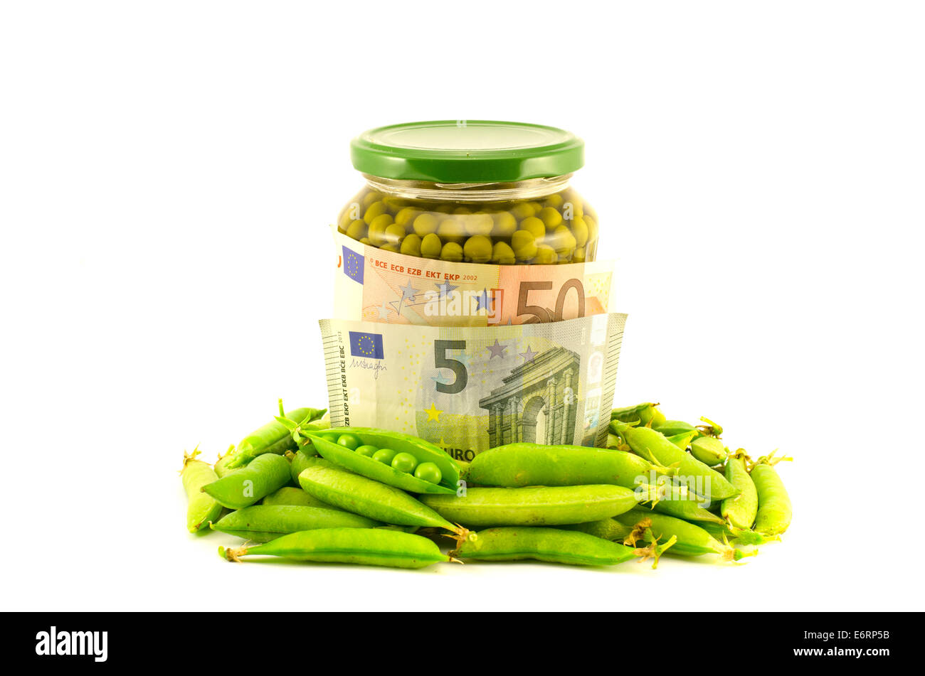 euro money banknotes and preserved vegetable green pea isolated on ...