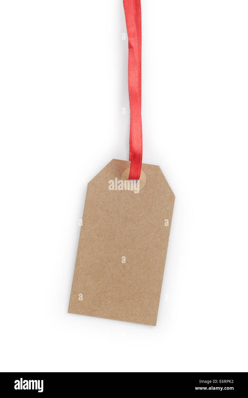 vintage style price tag or label with red ribbon, white background with ...