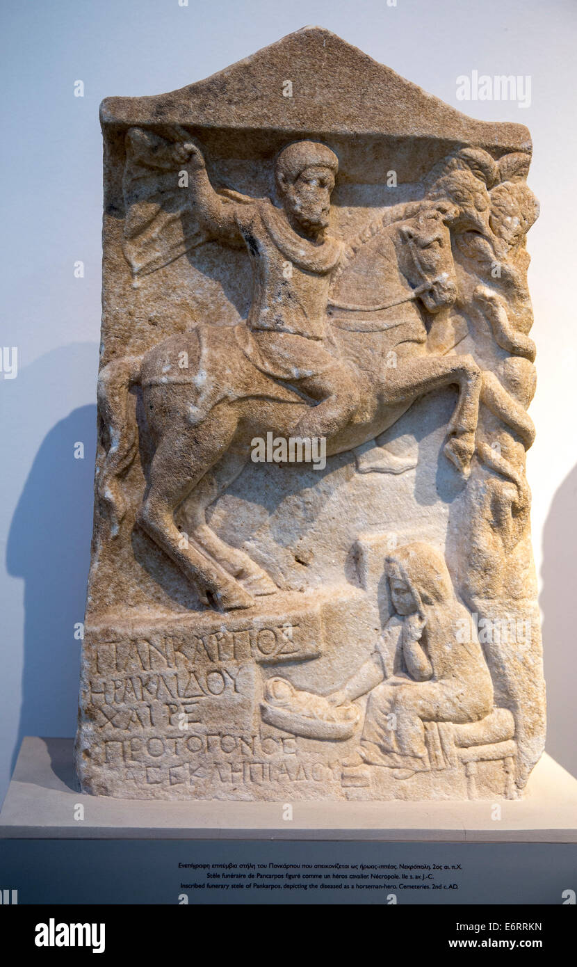 Greek funerary stele of Pankarpos, representing the deceased as a ...