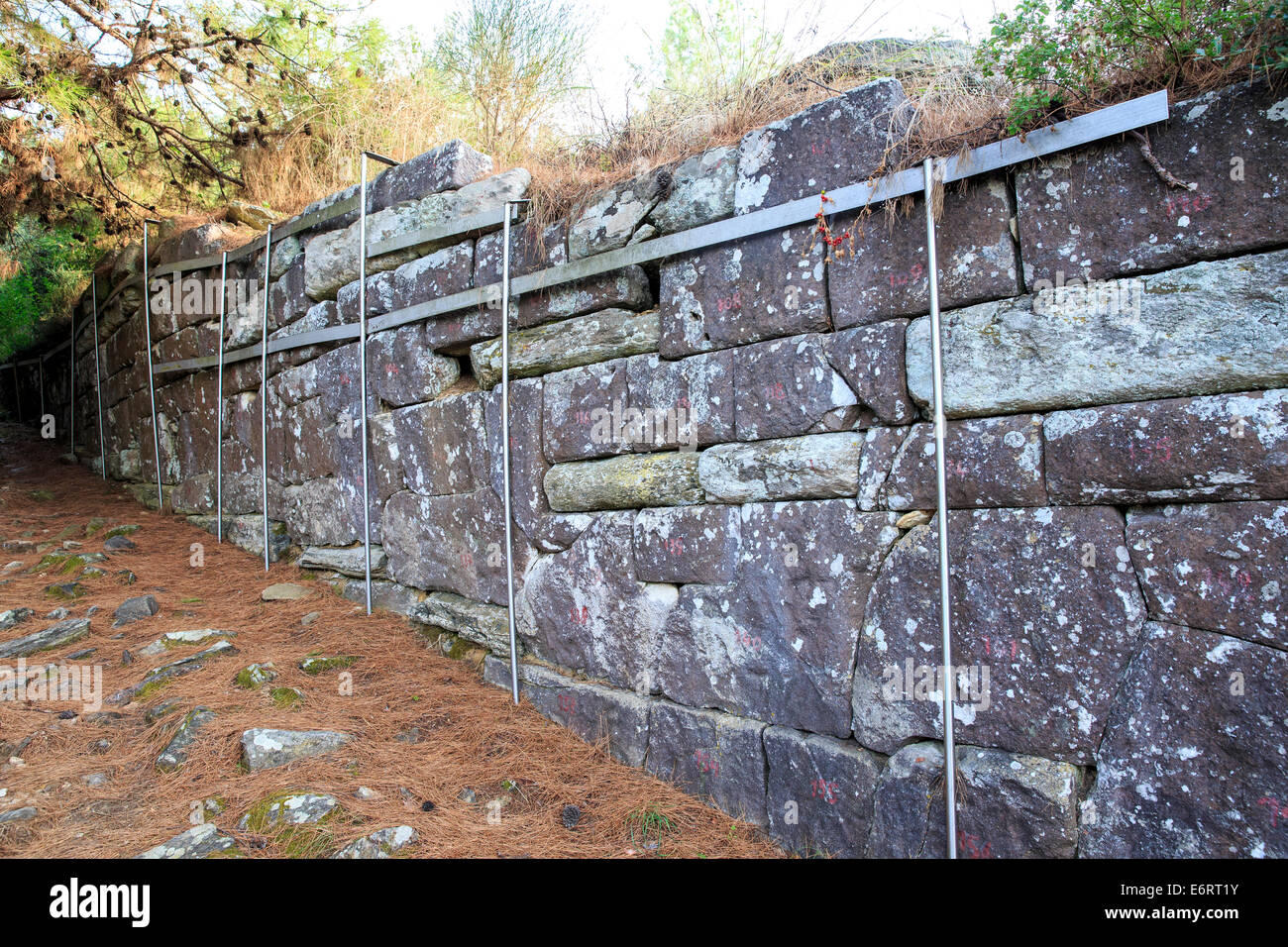 Segment of reconstructed and supported ancient wall of greek city of ...