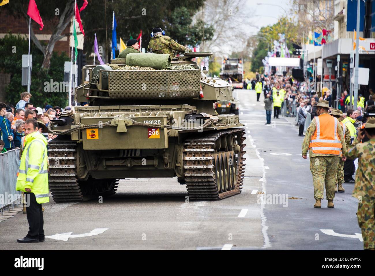 A Centurian Mk5 Battle Tank parades down Macquarie Street, Parramatta ...