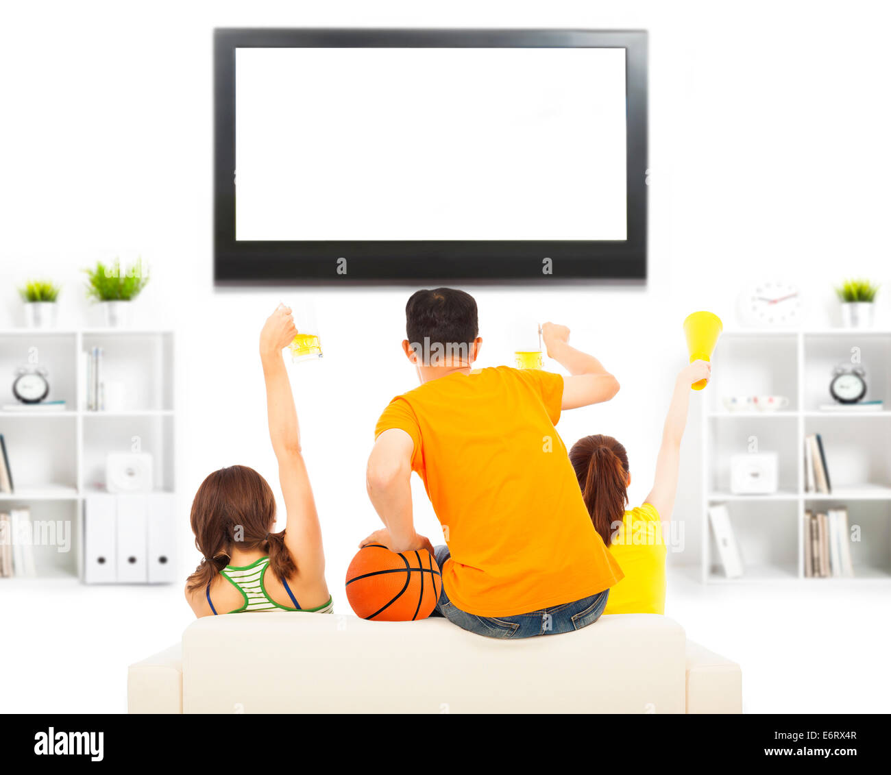 young people so excited to yelling and while watching tv Stock Photo ...
