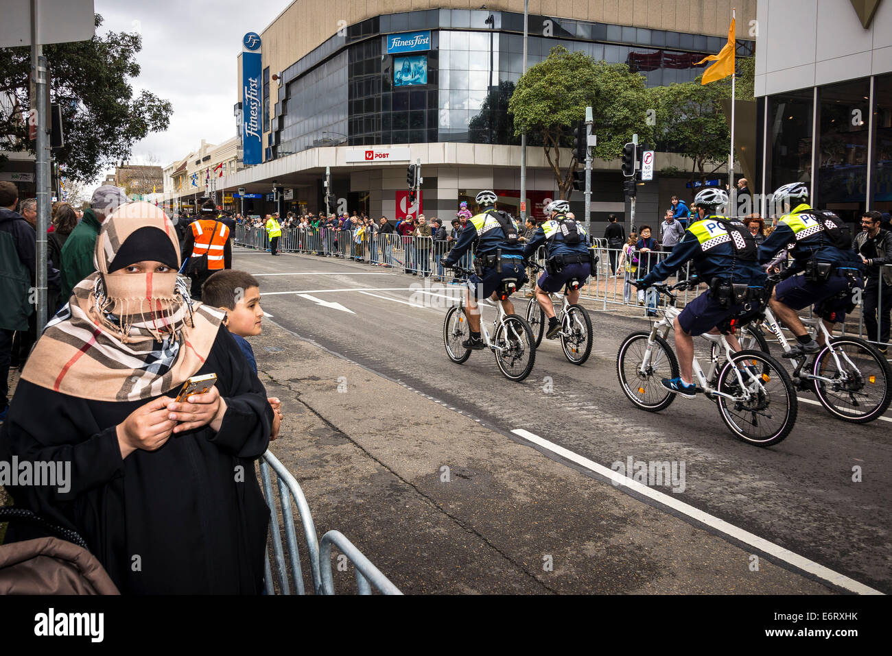 Police on Mountain Bikes parade down Macquarie Street, Parramatta to ...