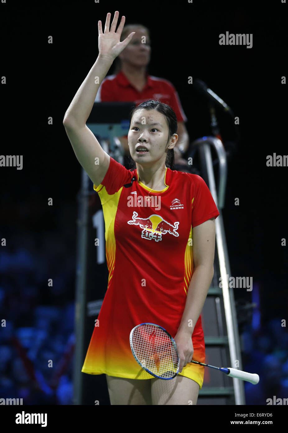 Copenhagen. 30th Aug, 2014. Li Xuerui of China greets the spectators ...