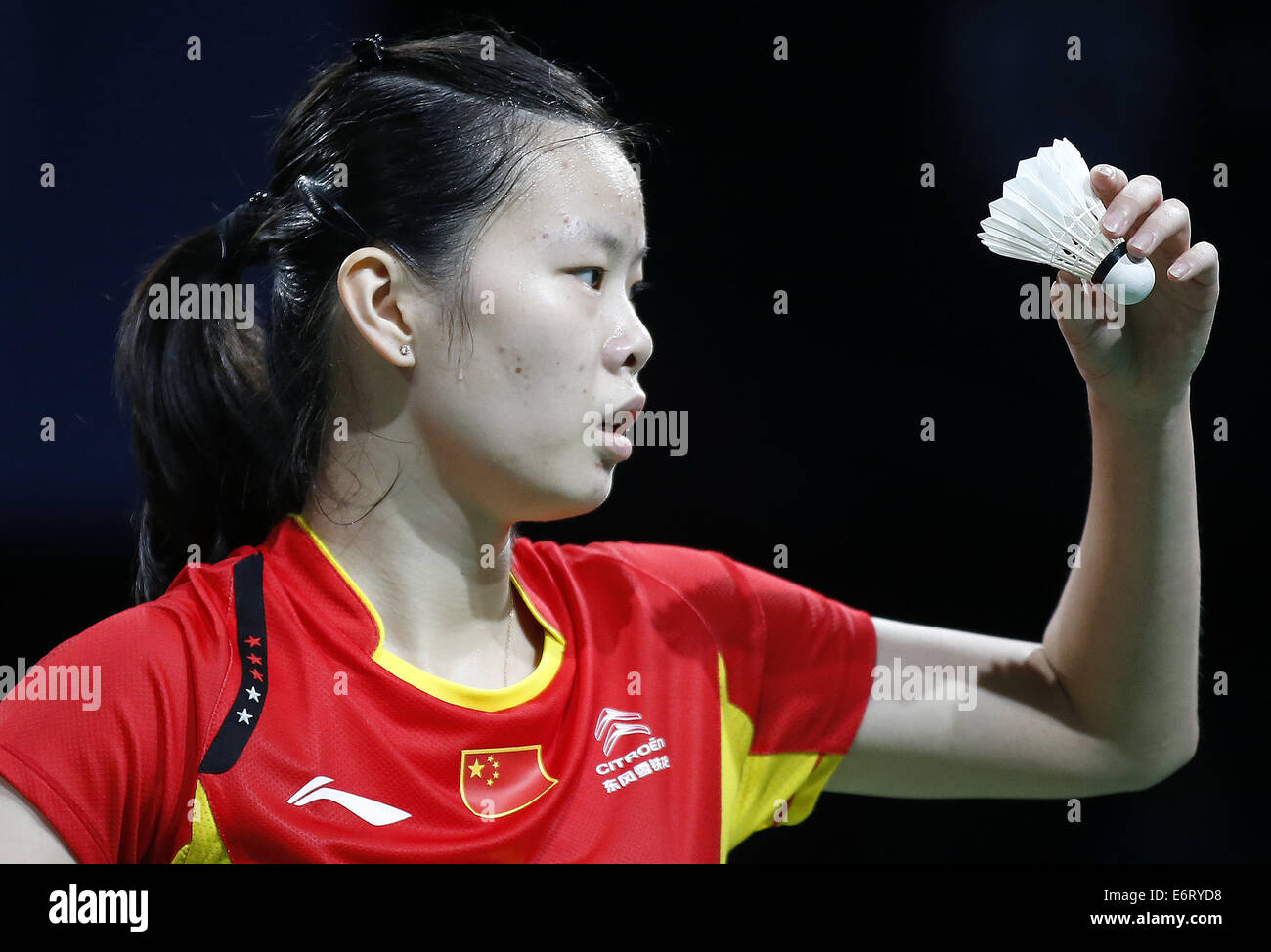 Copenhagen. 30th Aug, 2014. Li Xuerui of China serves during the Women ...