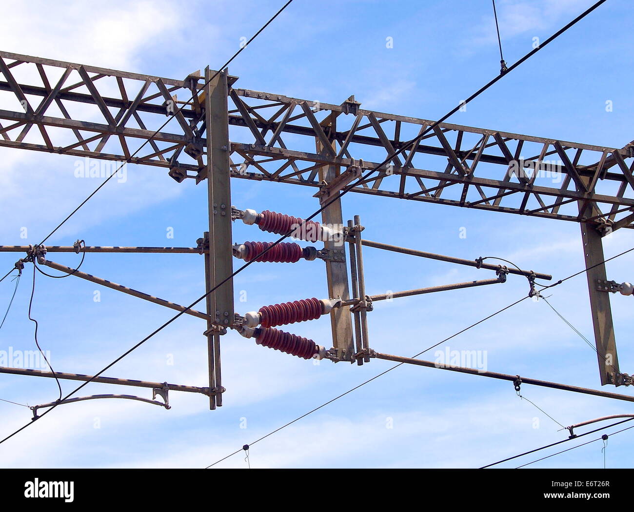Overhead line of railway tracks closeup Stock Photo - Alamy