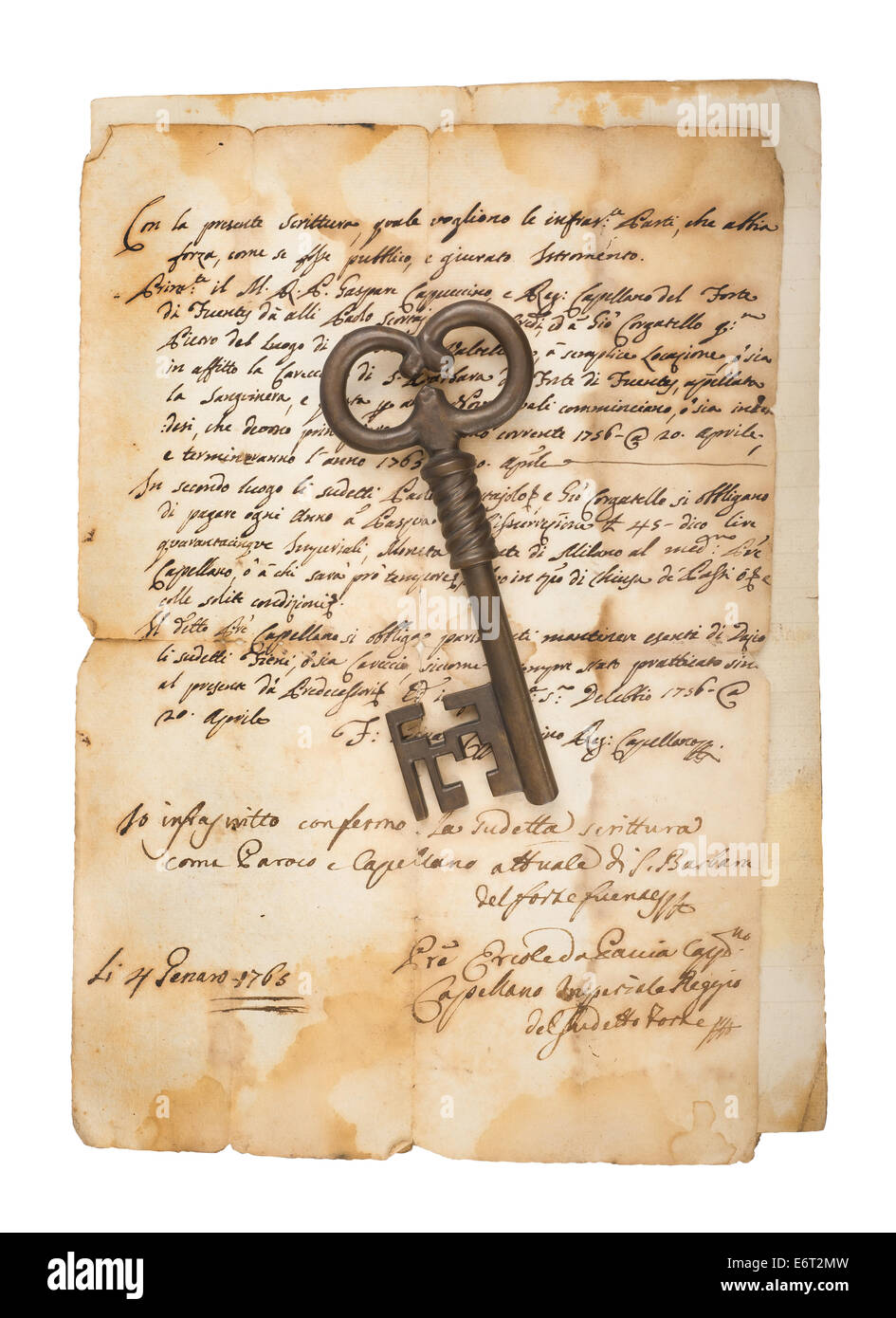 Old key on letter isolated on white background Stock Photo - Alamy