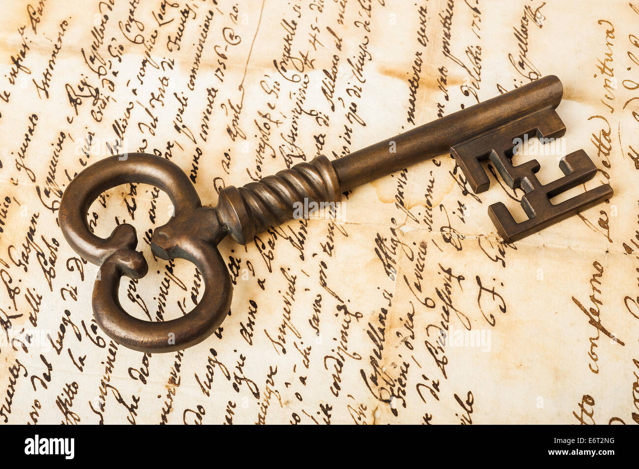 Old key on letter background Stock Photo - Alamy