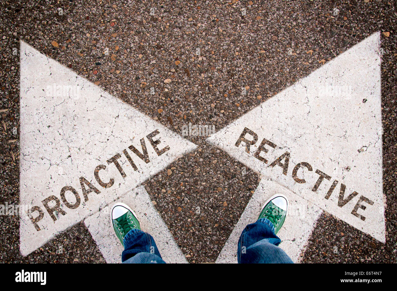 Proactive and reactive dilemma concept with man legs from above ...