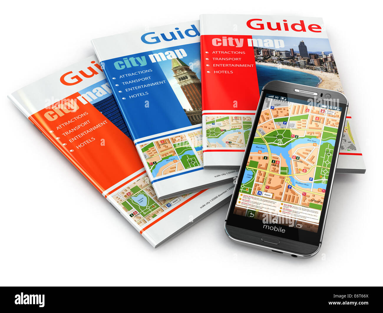 GPS mobile phone navigation and travel guide books. 3d Stock Photo - Alamy