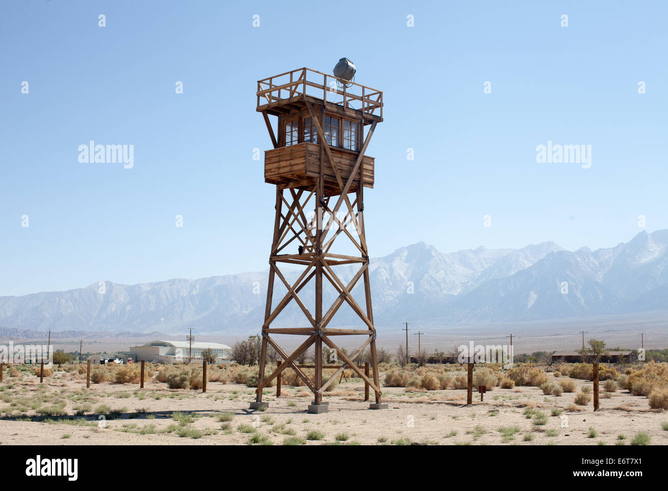 General views of the entrance and guard tower to Manzanar War ...