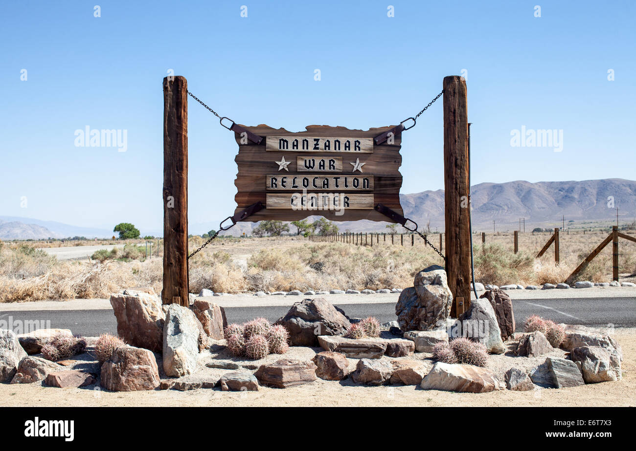 General views of the entrance and guard tower to Manzanar War ...