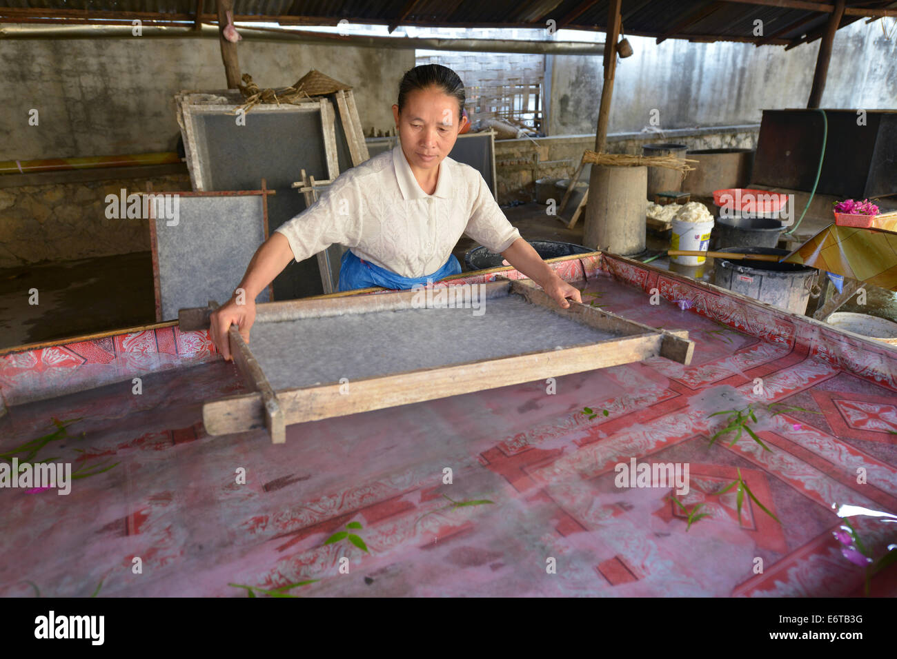 Luang Prabang, Laos - March 1, 2014: Woman making Paper made from the ...