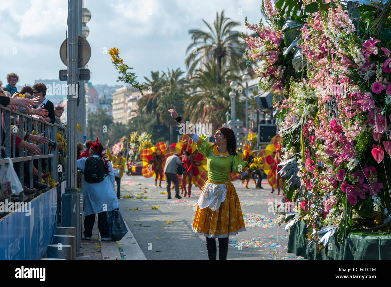 Nice, France, Women in Costume, Throwing Flowers to Crowd on Street at ...