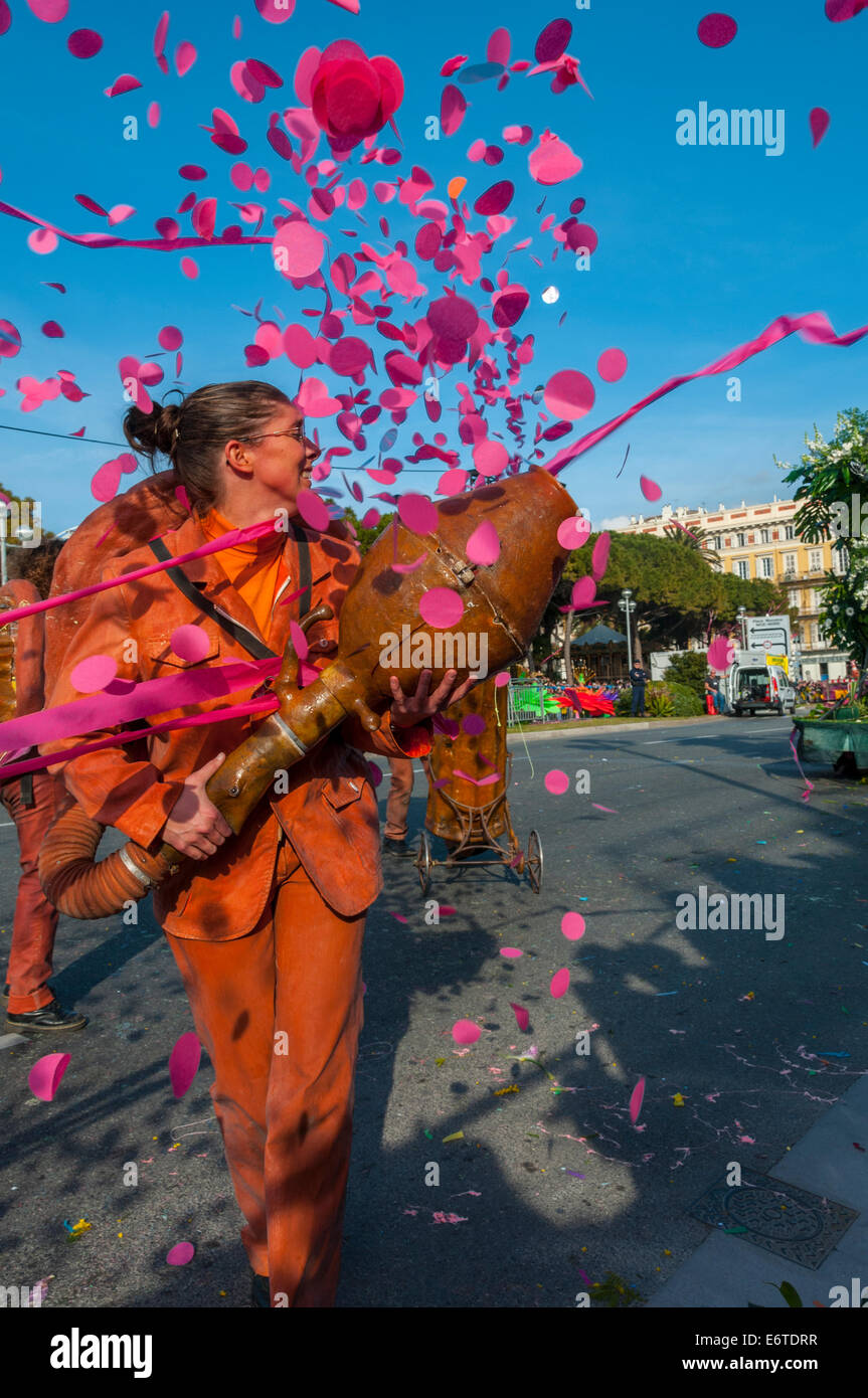 Nice, France, Woman in Costume, Throwing Confetti in Front of Crowd on ...