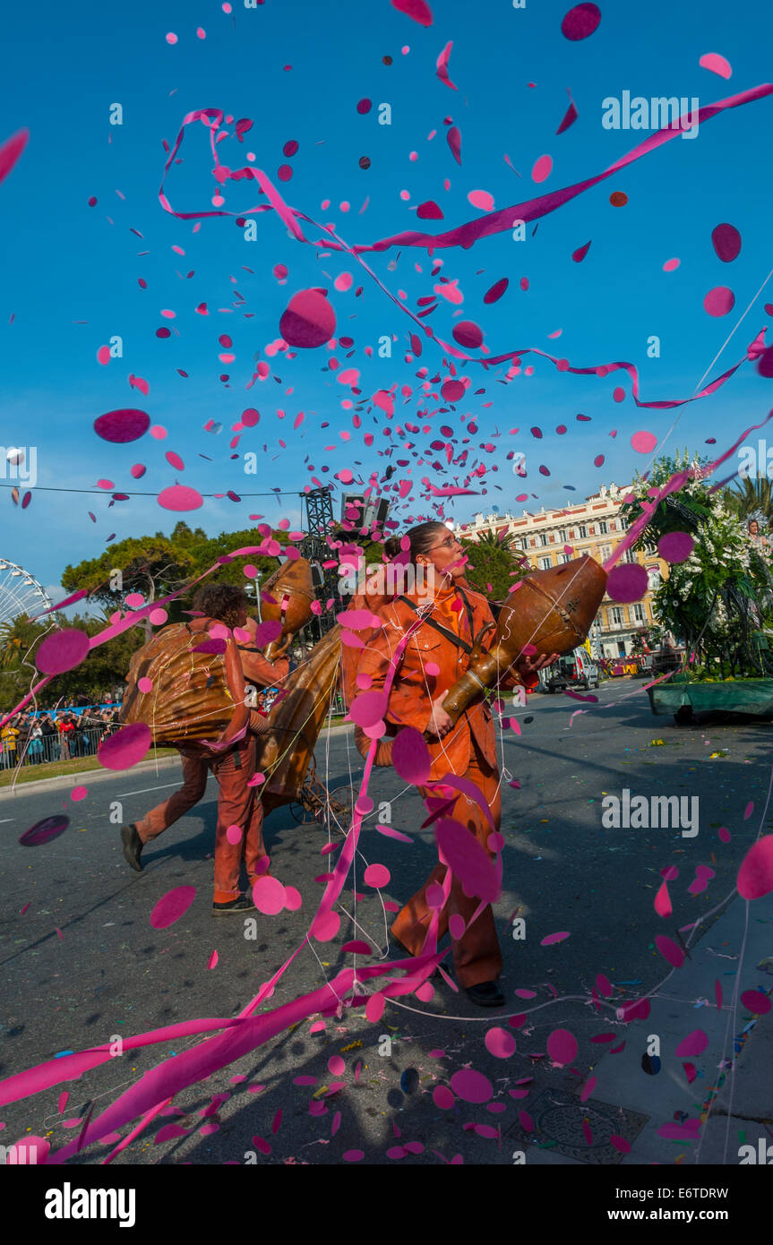 Nice, France, Woman in Costume, Throwing Confetti in Front of Crowd on ...