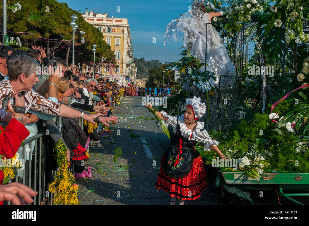 Nice, France, Women in Costume, Throwing Flowers to Crowd on Street at ...