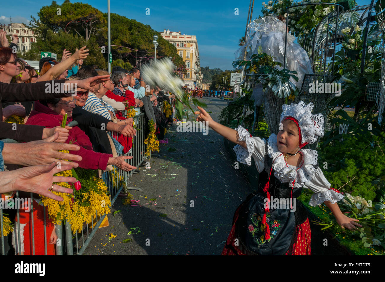Nice, France, Women in Costume, Throwing Flowers to Crowd on Street at ...