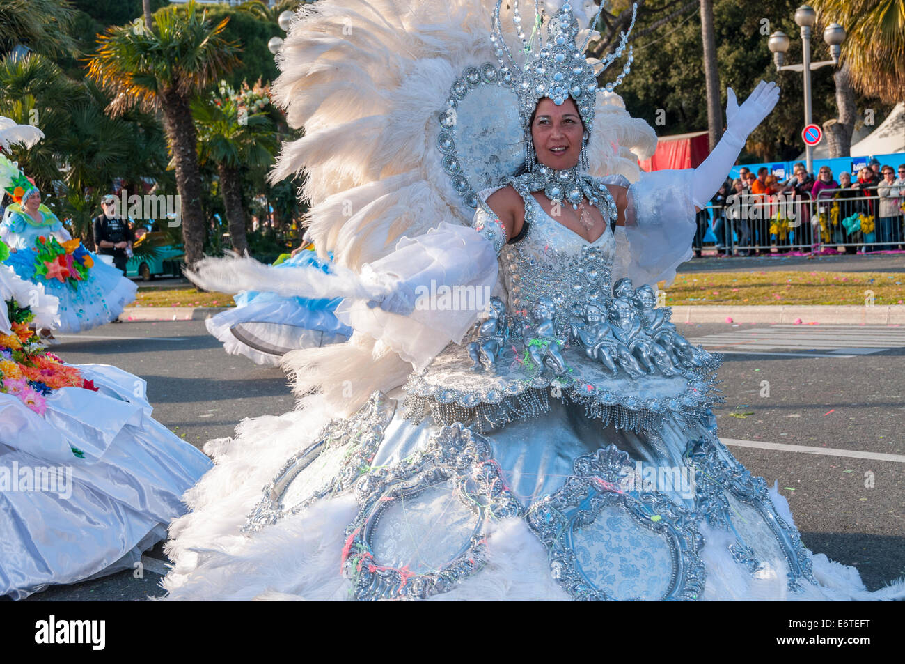 Woman costume parading front street traditional spring carnival parade ...