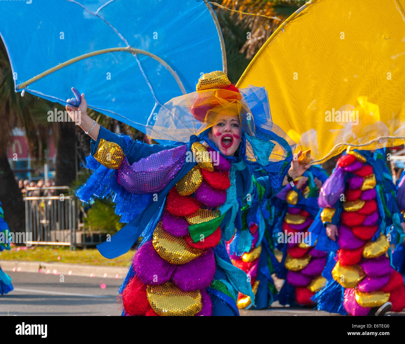 Woman costume parading front street traditional spring carnival parade ...